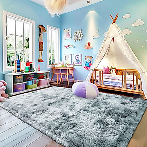 Isdook Fluffy Rug for Living Room Shaggy Soft Area Rug Plush Area Rugs for Bedroom Room Tie-Dyed Silver Grey Fuzzy Rug, Rectangle 5x7 Feet