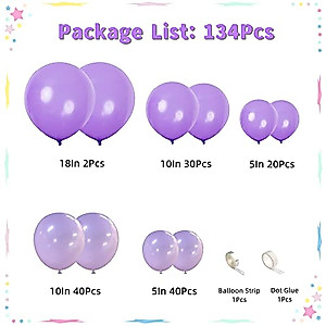 132Pcs Purple Balloon Garland Arch Kit, Lavender Light Purple Lilac Balloons 5/10/18Inch Macaron Pastel Latex Balloon for Birthday Baby & Bridal Shower Wedding Engagement Bachelorette Business Celebration Anniversaries Graduation LGBT Unicorn Party Suppli