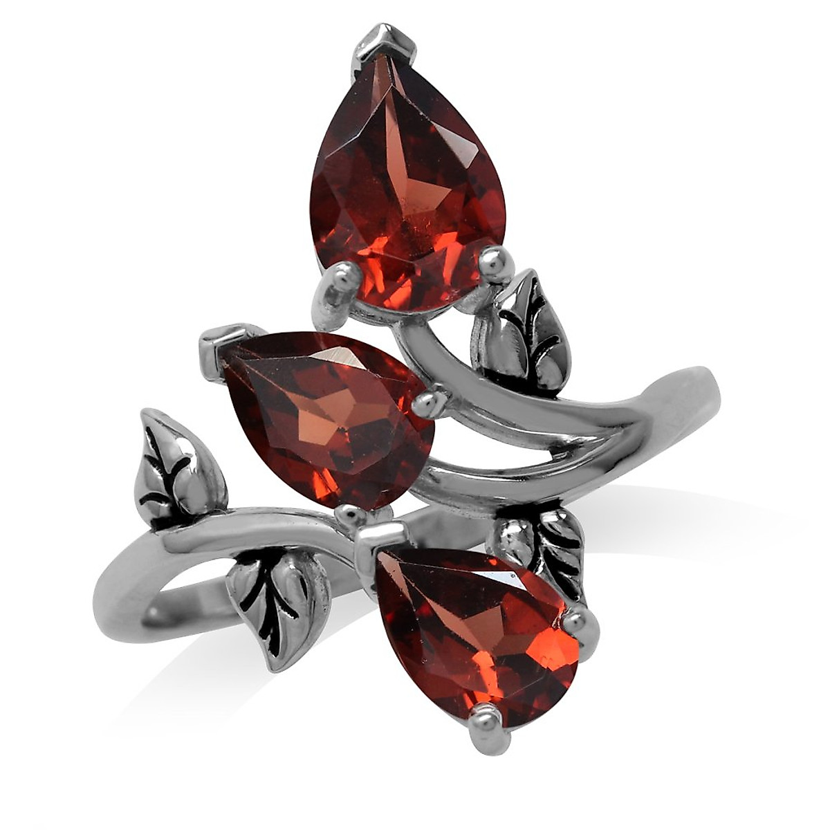 Silvershake 2.85ct. 3 Stone Natural Garnet 925 Sterling Silver Bypass Leaf Ring Size 8