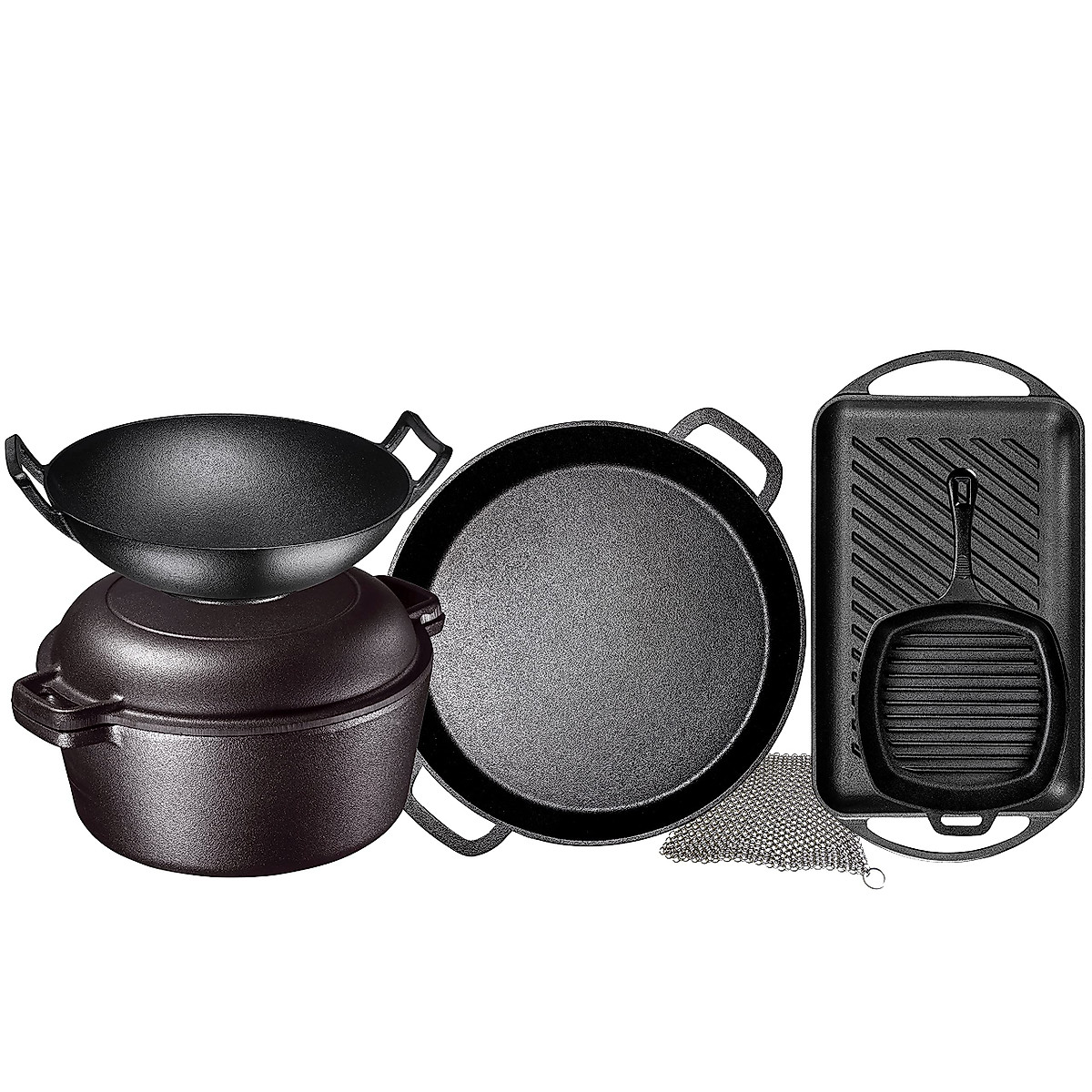 Pre Seasoned Cast Iron 7 Piece Bundle Gift Set, Double Dutch, Rectangular grill Pan, Wok, Large Skillet, Square Grill Pan & Chainmail, Camping Cookware Set