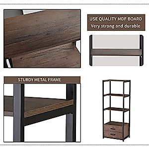 Industrial Wood Bookcase with Two Drawers, Book Storage Rack with Open Display Shelves 4-Tier Open Etagere Bookcase with Adjustable Foot Pads for Living Room, Bedroom, Office, Brown