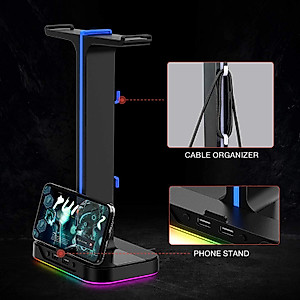 Havit RGB Gaming Mouse Pad & Headset Stand Combo Set, Extra Large Mouse Mat & Desk Headphones Hanger Base with 2 USB Ports Phone Holder Headset Organizer Stand for Desktop PC Game Accessories