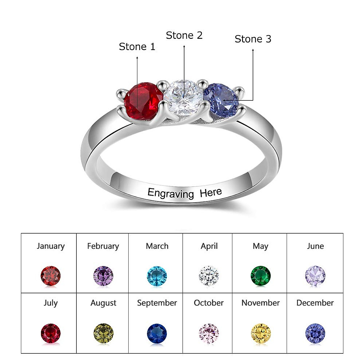 Personalized Mothers Rings with 3 Children Simulated Birthstones Mom Nana Rings Anniversary Rings for Women (3 Stones, 8)