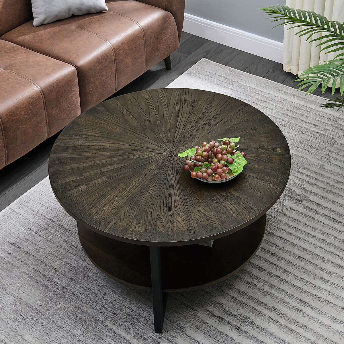 MODERION Round Coffee Table with Storage Shelf, Farmhouse Living Room Cocktail Table with Black Metal Legs, Circular Solid Wood Center Tea/ Sofa Table, 35.3''Dx17.8''H, Brushed Black KFZ1338BK