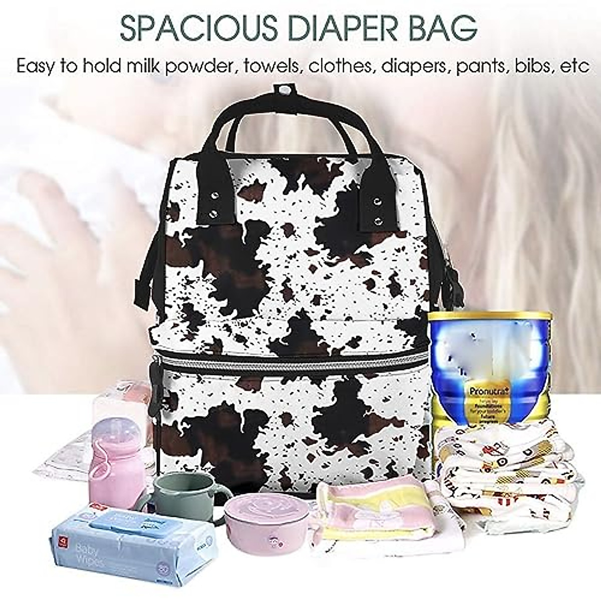 Vbcdgfg cow print Diaper Bag Backpack Large Capacity Nappy Bag for boy girl baby mom and Dad，Multi Functions Nursing Bag