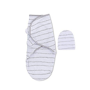 Petit Dreams Adjustable Swaddle and Beanie Set Jersey Knit Cotton for Baby Boy Or Baby Girl from 0-3 Months, Grey Dotted Stripes
