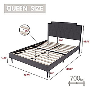 AGARTT Upholstered Platform Queen Size Bed Frame with Headboard Premium Stable Wood Slat Support No Box Spring Required Graphite