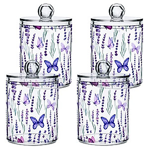Kigai 2 Pack Lavender Flower Qtip Holders Dispenser Bathroom Vanity Organizers Clear Plastic Apothecary Jars with Lids for Cotton Ball, Cotton Swab, Cotton Round Pads, Floss