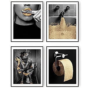 Admmixoo Bathroom Decor Wall Art Prints Glam Glitter Tissue Black Gold Funny Bathroom Toilet Paper Artwork for Wall Black White Yellow Modern Fashion Art Gallery Wall Set (8"x10" UNFRAMED)