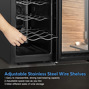 8 Bottle Small Wine Fridge, Mini Wine Cooler with Removable Shelves Interior Light Digital Touch Control, Double-Layer Tempered Glass Door Wine Cooler Refrigerator