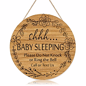 Rustic Baby Sleeping Hanging Sign Plaque, Do Not Knock Or Ring The Bell, Round Sturdy Wooden Door Hanger for Baby Room, Nursery, Kindergarten, Bedroom, Door Knob Decor