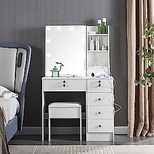Vanity Table Set with Powewr Outlet & Mirror, White Modern Vanity Desk with 10 LED Lights, Makeup Vanity with 5 Drawers and Cushioned Stool, Makeup Dressing Table Dresser for Girls Bedroom