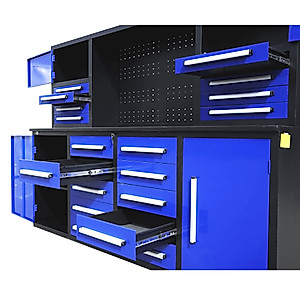 TTBKA 7' Garage Storage Cabinet with Workbench 18 Drawers, 4 Cabinets, Pegboard Size:87" L x 23" W x 67" H (Blue)