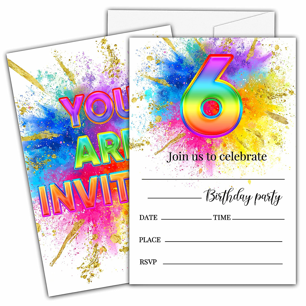 Ycyfckdr 6th Birthday Invitations for Kids, Rainbow Painting Birthday Party Invitation Cards, Gold Foil Party Celebration Supplies Decoration -20 Fill in Invitations with Envelopes (A02)