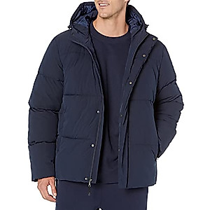 Amazon Essentials Men's Recycled Polyester Mid-Length Hooded Puffer (Available in Big & Tall), Navy, Large