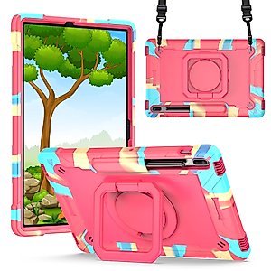 Galaxy Tab S8 Plus Case/Galaxy Tab S7 FE 5G Case Kids/Tab S7 Plus Case 12.4" SM-T738, Dteck Shockproof Case with 360°Swivel Kickstand Case for Samsung Galaxy Tab S8+/Tab S7 FE/Tab S7+, Rainbow & Rose