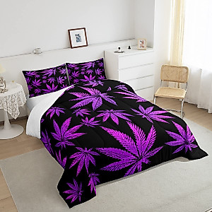 Feelyou Marijuana Leaf Queen Size Black Purple Comforter Set Weed Leaf Botanical Bedding Set for Kids Men Women Adults Cannabis Leaves Comforter Luxury Puple Hemp Quilt Set Room Decor 3Pcs