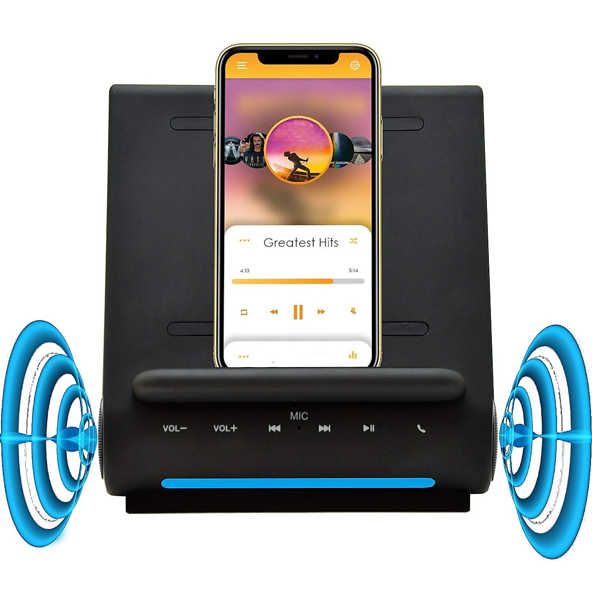 Fast Charging Wireless Charger, Bluetooth Premium Speakers, Docking Station with Built in Mic Handsfree Call, 4 in 1 Station for iPhone 16/15/14/13/12/11/X Samsung Galaxy S24/S23/S22/S21/S20