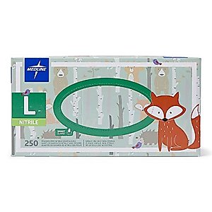 Medline Nitrile Exam Gloves, Powder Free, Woodland Friend Pediatric Print, Large, 250 Count