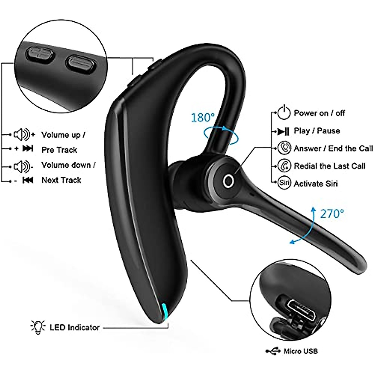 Bluetooth Headset, Wireless Bluetooth Earpiece V5.0 Hands-Free Earphones with Stereo Noise Canceling Mic, Compatible iPhone Android Cell Phones Driving/Business/Office