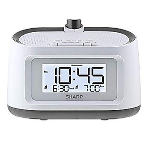 SHARP Projection Alarm Clock with Soothing Nature Sleep Sounds – Easy to Read Projection on Wall or Ceiling – 8 Sleep Sounds to Help Fall Asleep Faster, White Case with Gunmetal Trim