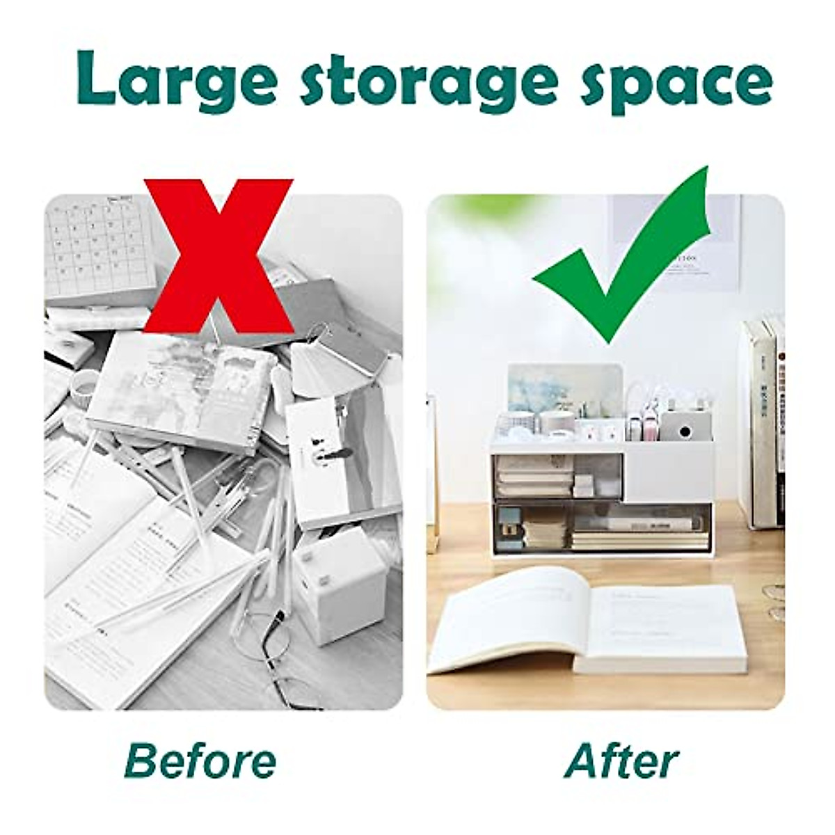 BiutiMama Desk Organizers and accessories with 2 Cosmetic Storage Drawers and 4 Compartments, Makeup Stationery Vanity Organizer, Desk Decor Aesthetic Multifunctional for Office, School, Home (White)