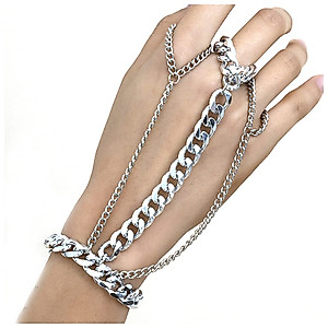 Asphire Punk Layered Cuban Link Chain Bracelet with Finger Ring Chunky Chain Tassel Hand Harness Slave Bracelet Boho Wrist Chain for Women Teens Girls (Silver)
