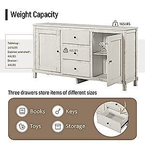 64'' Retro Large Storage Cabinet Buffet Sideboard with Adjustable Shelves and 3 Drawers, Solid Wood Entryway Console Table Coffee Bar Cupboard Server for Living Room Kitchen (Antique White-R)