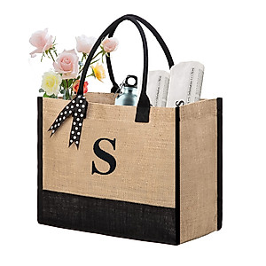 BeeGreen Large Initial Beach Tote Bag Burlap Tote Bag with Handles Embroidery Monogram Gift for Mother Friends Personalized Birthday Gifts for Women Wedding Presents for Bridesmaid S