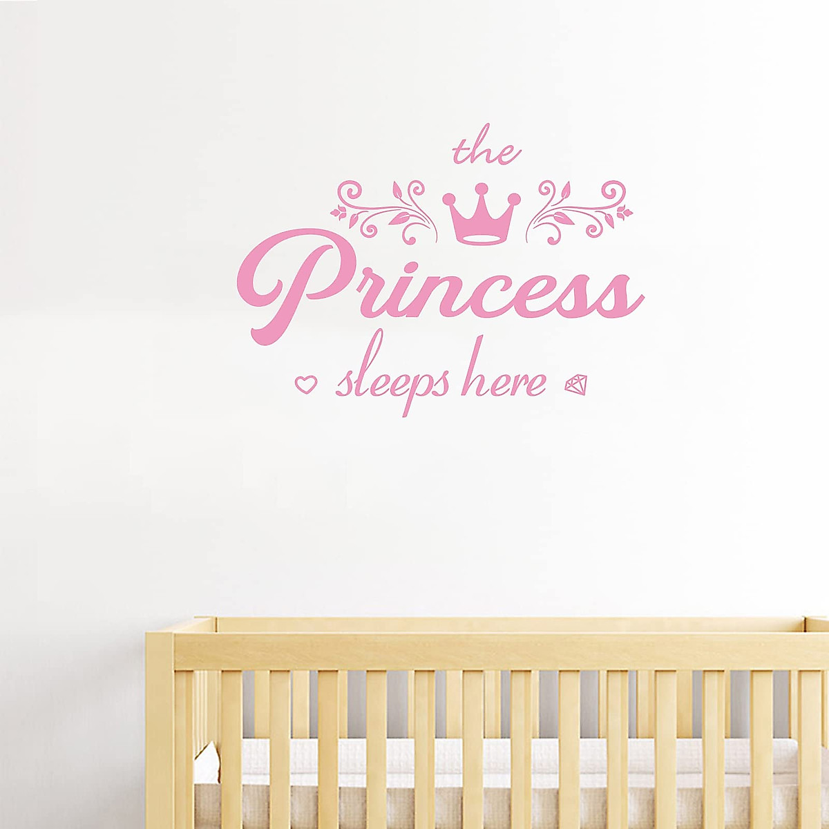 Crown Diamond Wall Decals Princess Sleep Here Wall Stickers Removable DIY Mural Art Words with Flower Quotes Vinyl Stickers for Kids Girls Bedroom Living Room Nursery Home Background Decoration