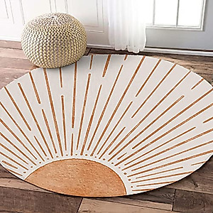 Soft Shag Round Area Rug Mid Century Terracotta Sun Lines Fluffy Circle Floor Carpet Rugs Modern Minimal Art Shaggy Plush Circular Mat for Bedroom/Living Room/Nursery