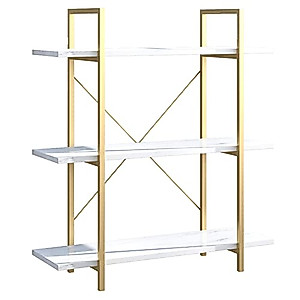 IOTXY 3-Tier Open Shelf Bookcase - Modern Freestanding Wooden Display Stand Unit with Metal Frame for Home and Office, Bookshelf, Gold White