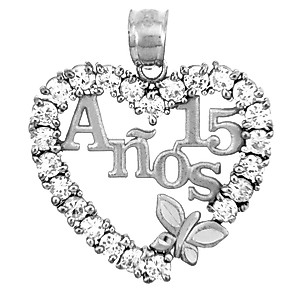 Sterling Silver Sweet 15 Anos Quinceanera Necklace with Cubic Zirconia Heart with Butterfly, 16"