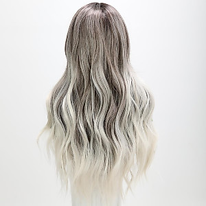 Smilco Synthetic Wigs for Women Ash Brown Wig Long Wavy Curly Wig with Bangs Natural Looking Hair Wigs Synthetic Heat Resistant Fiber Wigs for Daily Party Cosplay (26 Inch)