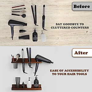 Wooden Hair Tool Organizer Wall Mounted - 17"x5" 2PC Set - Blow Dryer Holder & Hair Storage Organizer - Perfect for Heat Tools, Curling Iron or Hair Dryer Storage - Mounting Hardware Included