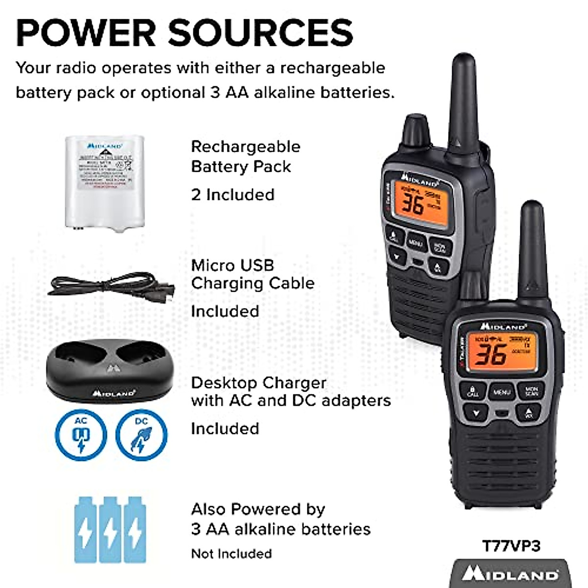 Midland - X-TALKER T77VP5, 36 Channel FRS Two-Way Radio - Up to 38 Mile Range Walkie Talkie, 121 Privacy Codes, and NOAA Weather Scan + Alert (Includes a Carrying Case and Headsets) (Black/Silver)