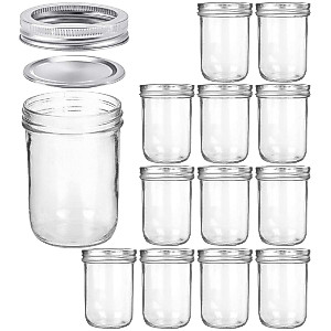 KAMOTA Wide Mouth Mason Jars 16 oz With Regular Lids and Bands, Ideal for Jam, Honey, Wedding Favors, Shower Favors, Baby Foods, DIY Spice Jars, 12 PACK, 12 Silver Pipette Covers Included