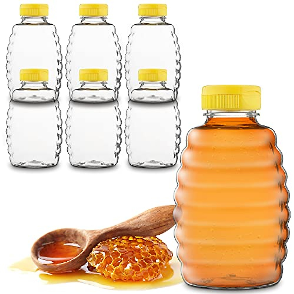 MT Products Empty Clear Plastic Squeeze Bottle Honey Dispenser with Flip Top Lids, Jar for Honey or Syrups, 16 Ounce - 1 lb. (12 fluid oz) Pack of 6 - Made in the USA