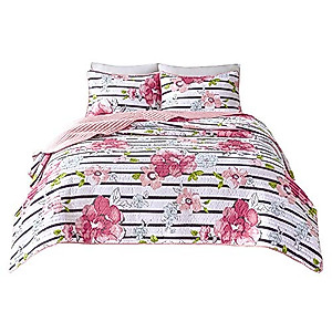 Comfort Spaces Quilt Set Novelty Design All Season Lightweight Coverlet Bedding Bedspread Kids, Teens Girls Bedroom Decor, Zoe Flower Pink, Twin/Twin XL, 2 Piece