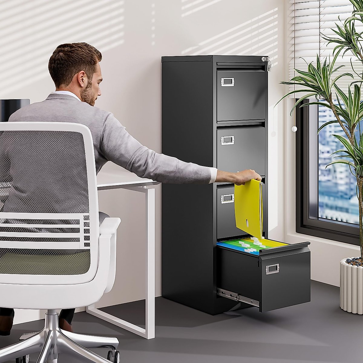 BYNSOE 4 Drawer File Cabinet with Lock Metal Vertical File Cabinet Office Home Vertical File Cabinet for A4 Legal/Letter Size Narrow File Cabinet Locked,Assembly Required (Black, 4 Drawers- Vertical)