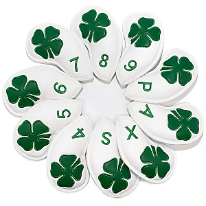 Golf Iron Covers,Golf Iron Head Covers Leather Golf Iron Covers Set 10pcs Golf Iron Headcovers,Lucky Clover Golf Club Head Covers for Iron with Magic Tape Fit All Brands Titleist,Callaway,Ping (White)