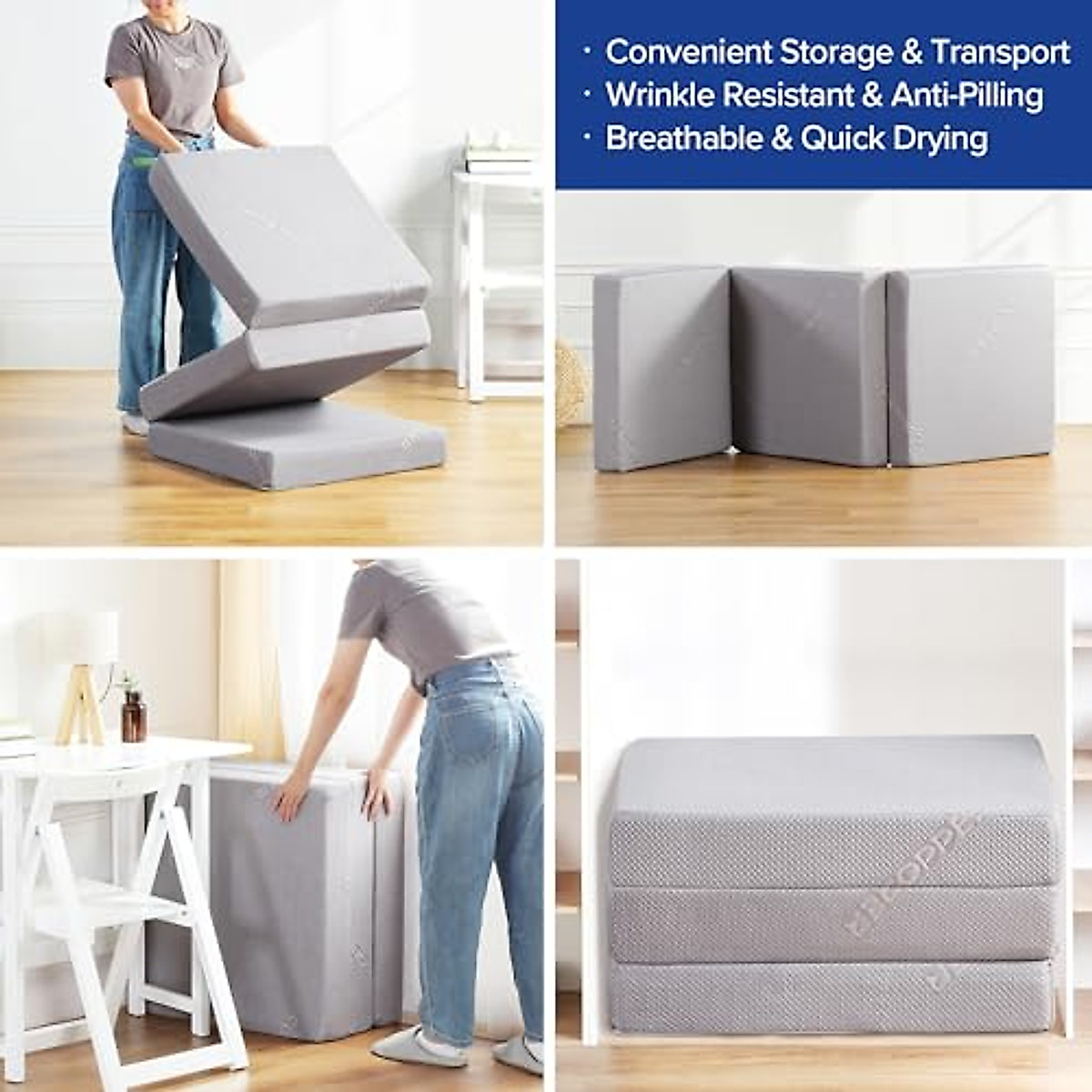 Olee Sleep Tri-Folding Antibacterial Memory Foam Mattress Topper, 4 Inch Copper Bamboo Gel Folding Mattress, Washable Cover, CertiPUR-US Certified, Soft, Grey, Single Size