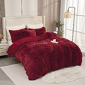 Dekoresyon Plush Duvet Cover Set, Luxury Ultra Soft Velvet Duvet Cover Set Fluffy Plush Shaggy Bedding Sets 4 Pieces (1 Duvet Cover + 2 Pillow Case + 1 Pillow Cover) Zipper Closure (Queen, Red)