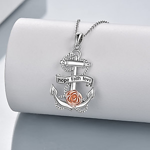 YAFEINI Anchor Necklace Rose Flower Pendant Necklace 925 Sterling Silver Chain Vintage Jewelry Gifts For Women Wife Couple (Rose)
