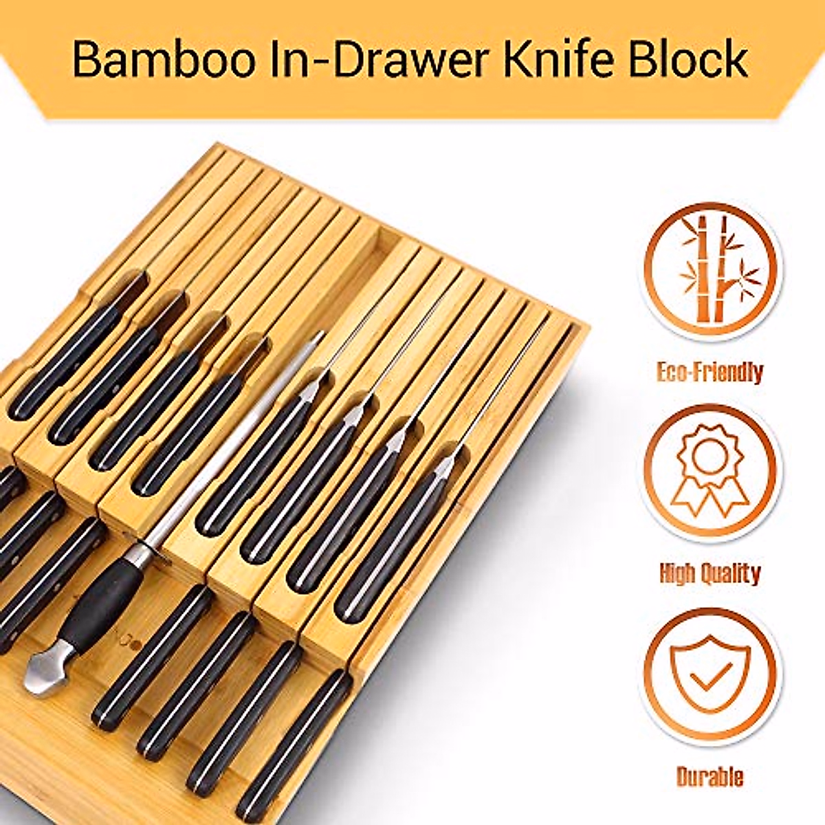 In-Drawer Bamboo Knife Block Holds for 16 Knives(Not Included) and Knife Sharpener, Knife Organizer Drawer Insert for Kitchen Cooking/Chef Skills, Saves Kitchen Counter Space