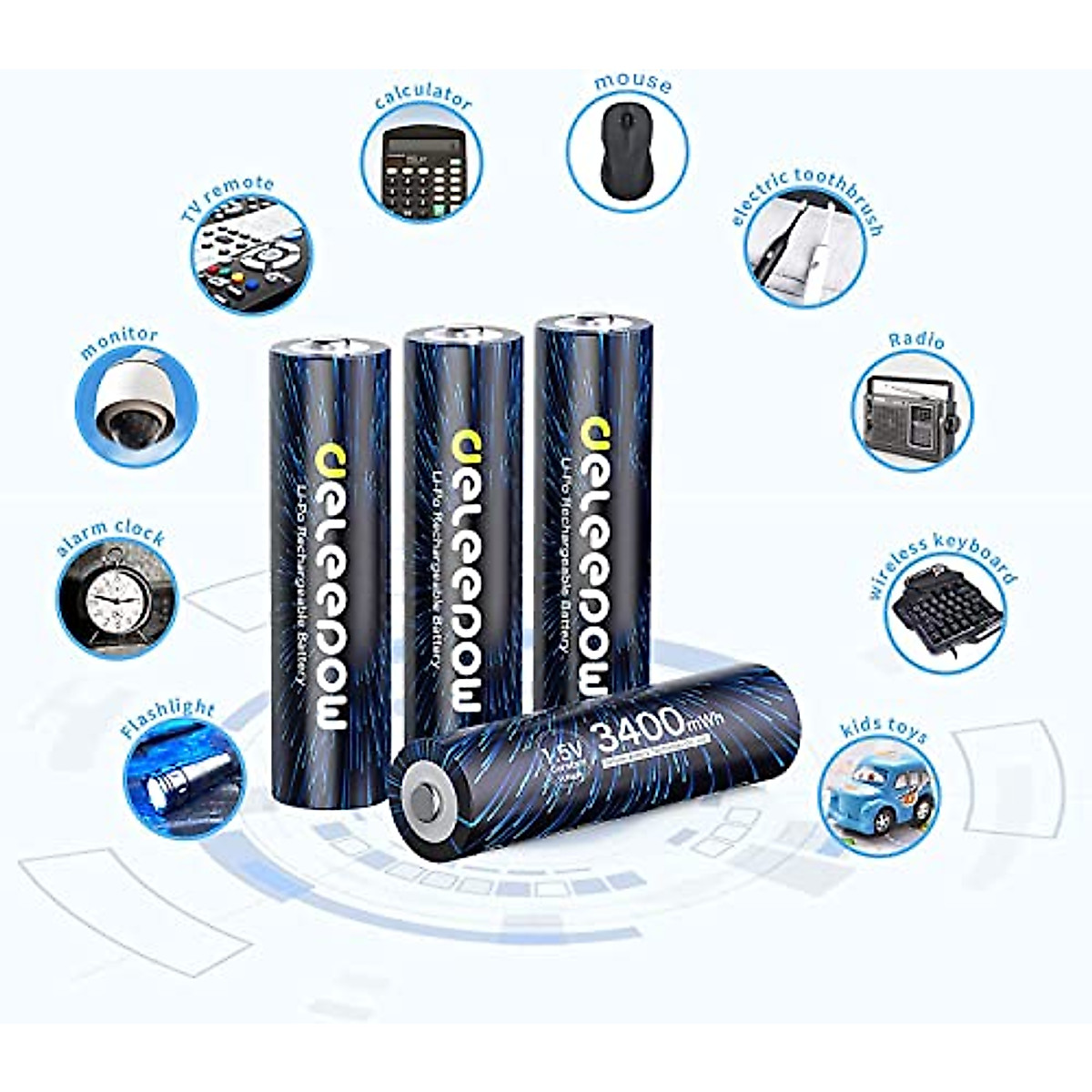 Deleepow Rechargeable AA Batteries, 1.5V 3400mWh High Capcity Lithium AA Battery 4 Pack 1500 Cycles Long Lasting Double A Battery