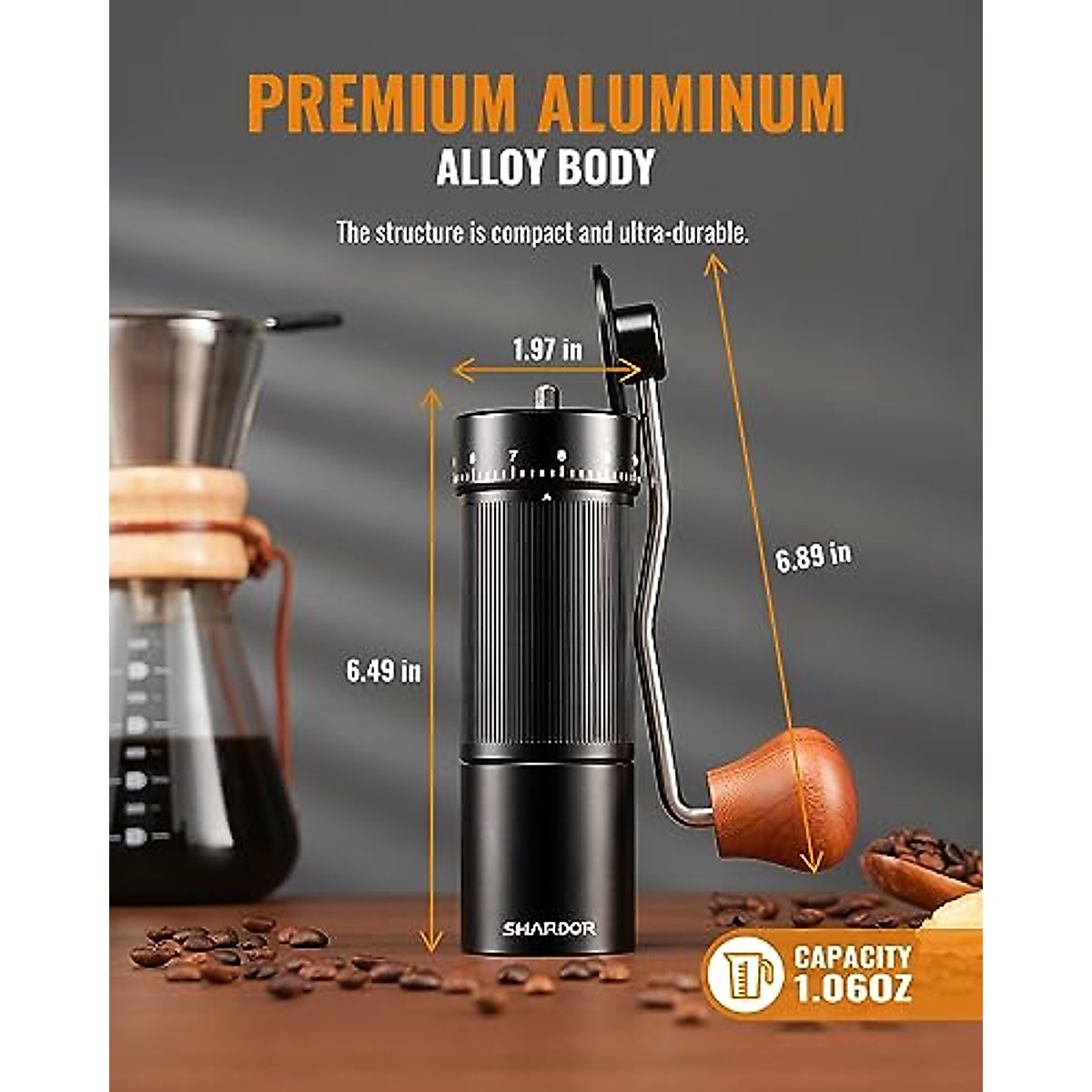 SHARDOR 918 Pro Manual Coffee Grinder Capacity 30g/1.06oz with Externally Numerical Adjustable Finely Setting Conical Burr - Aluminum Alloy Body, Double Bearing Positioning, Anti-slip Stripes
