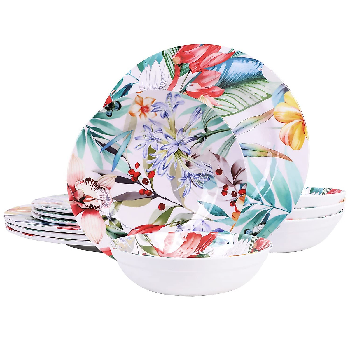 Melamine Dinnerware Sets 12 Pcs Plates and Bowls Sets Lightweight Unbreakable Natural Elements Pattern Dinner Plates Salad Bowls Outdoor Dishes Set for 4 BPA Free Dishwasher Safe (Red)