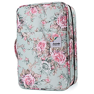 Shulaner Pencil Case Slot Holds 300 Colored Pencils or 200 Color Gel Pens with Zipper Closure Large Capacity Nylon Pen Organizer for Student or Artist (Green Rose with Shoulder Strap)