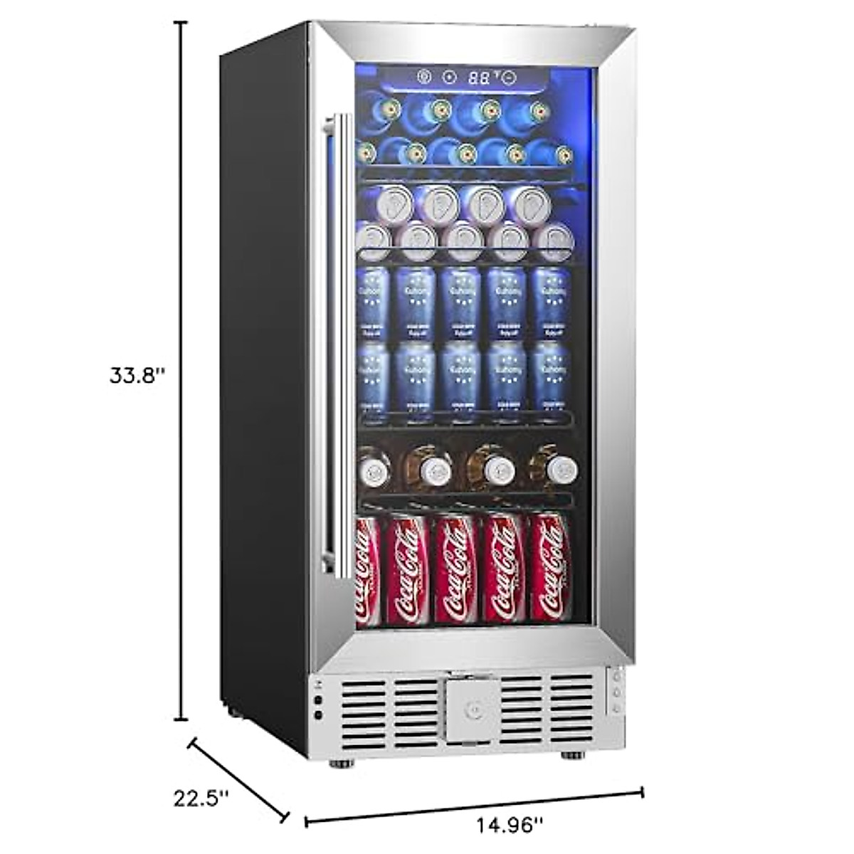 EUHOMY 15 Inch Beverage Refrigerator Cooler Under Counter 127 Cans Beverage Fridge Built-in or Freestanding with Glass Door, LED Light, Beer Fridge for Soda, Water, Wine - Home Kitchen Bar.